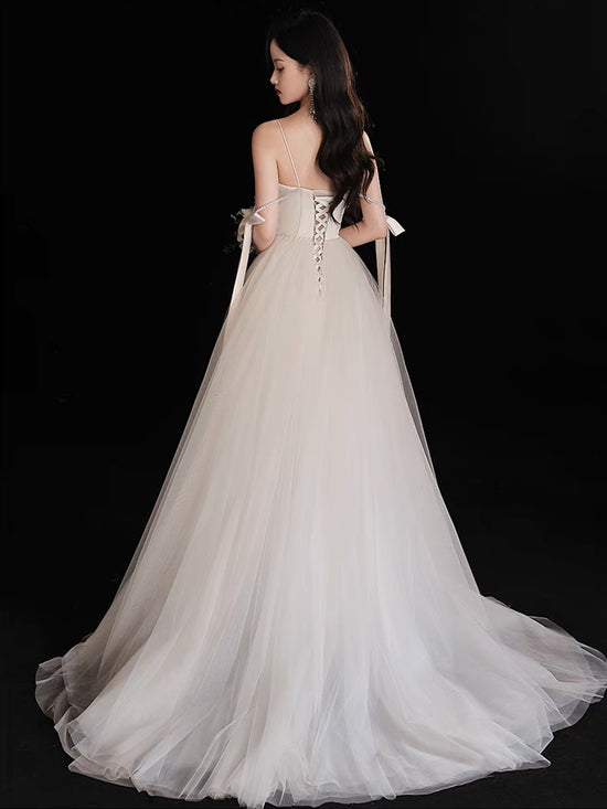 A-Line Light Champagne Tulle Beads Long Prom Dress, Light Champagne Ev ...