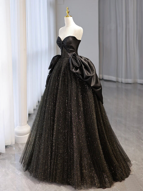 A Line Sweetheart Neck Tulle Satin Black Long Prom Dress Black Long E