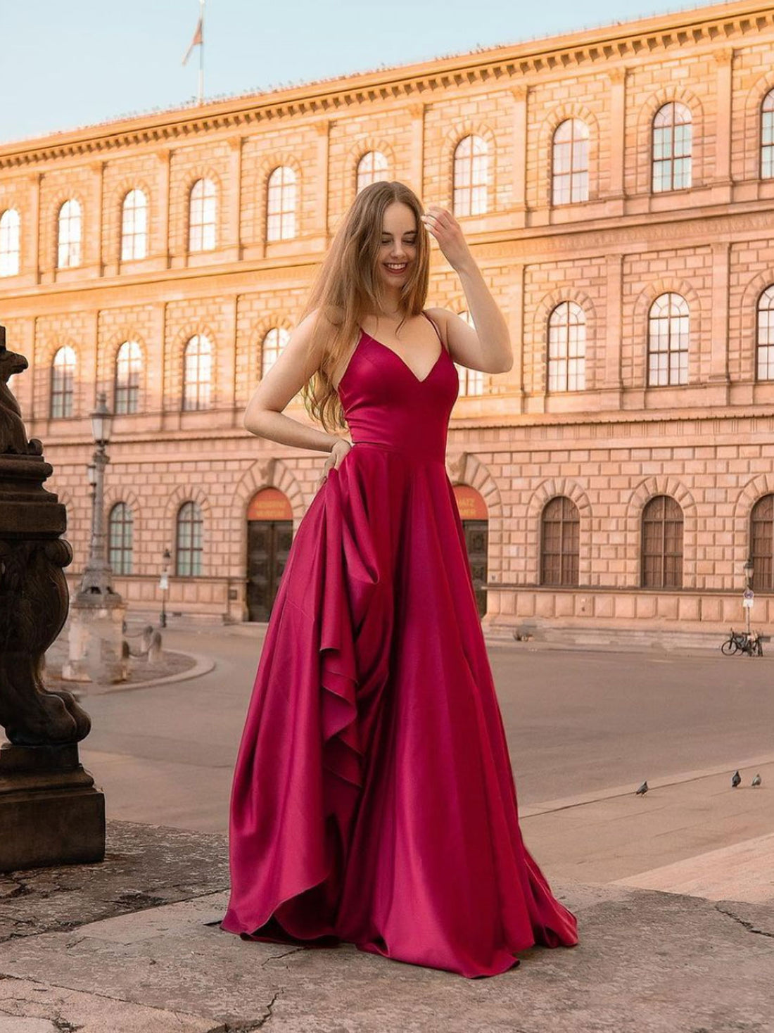 Simple v neck satin dark red long prom dress, red satin bridesmaid dre ...