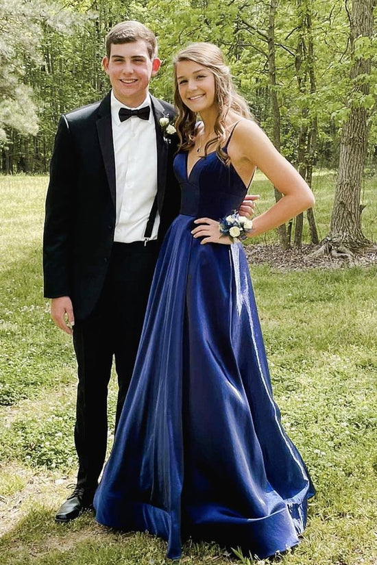Simple blue v neck satin long prom dress blue formal dress – dresstby