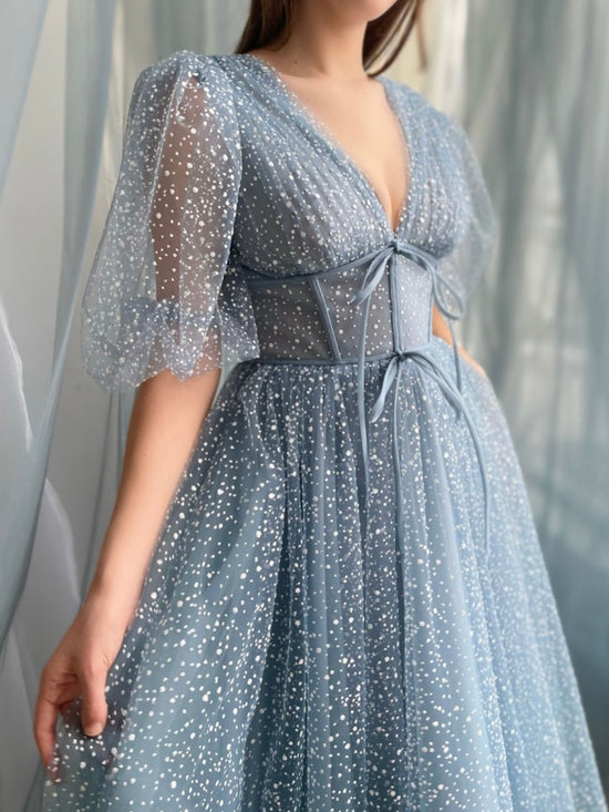 Aline Tea Length Gray Blue Prom Dress, Gray Blue Formal Wedding Party ...