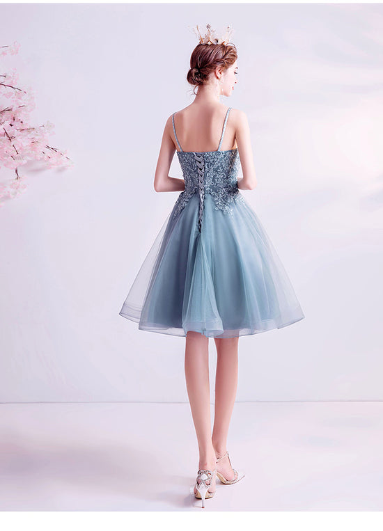 Gray blue Short Prom Dresses, V Neck Blue Lace Homecoming Dresses With ...